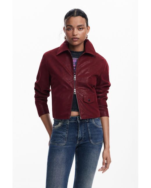 Desigual Shiny Faux Leather Jacket in Red | Lyst