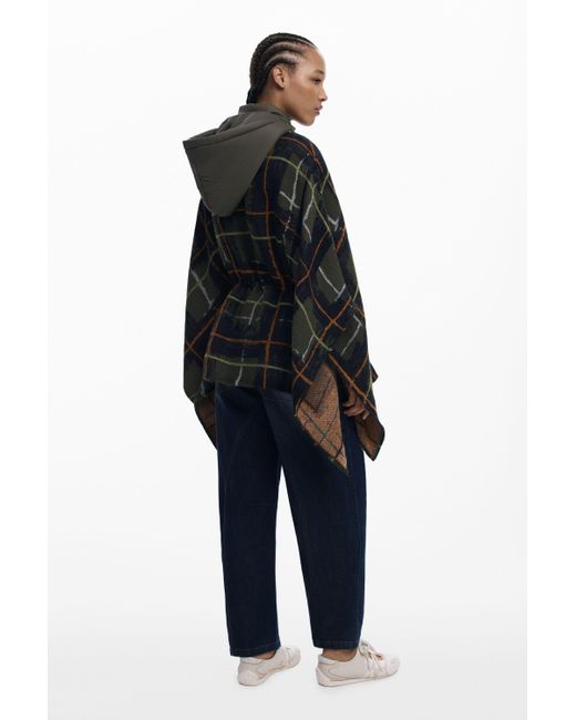 Desigual Checkered Poncho With Padded Hood in Black | Lyst