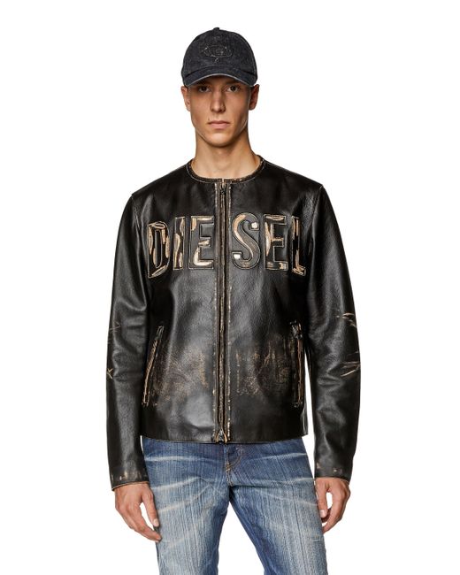DIESEL L-met Distressed Leather Jacket With Metal Logo in Black for Men ...