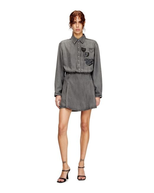 DIESEL Denim Dress With Embroidered Patches in Gray | Lyst