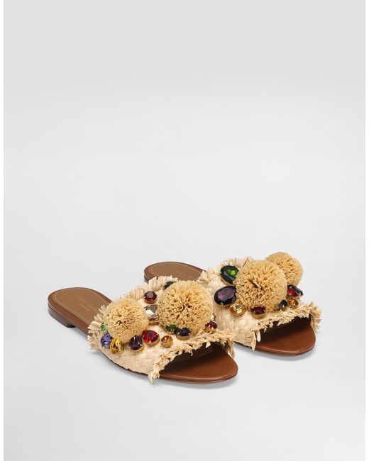 Dolce & Gabbana Embellished Raffia-Effect Slides in Brown | Lyst