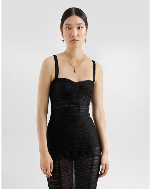 Dolce & Gabbana Calf-Length Stretch Tulle Slip Dress in Black | Lyst UK