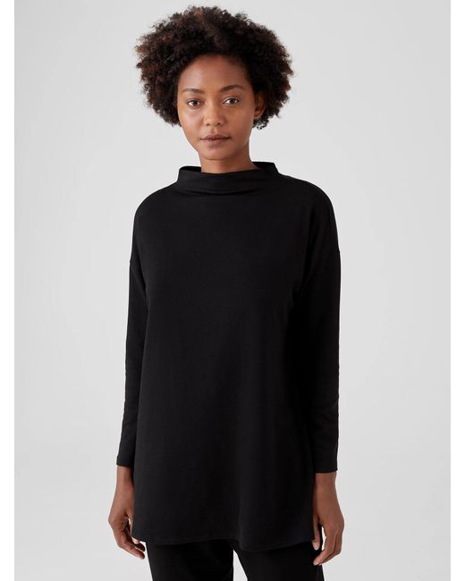 Eileen Fisher Cozy Brushed Terry Funnel Neck Tunic in Black | Lyst