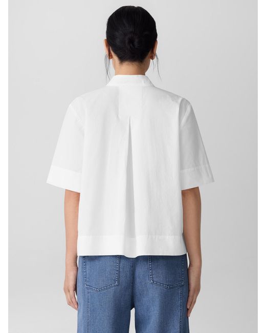 Eileen Fisher Washed Organic Cotton Poplin Split Neck Top in White | Lyst