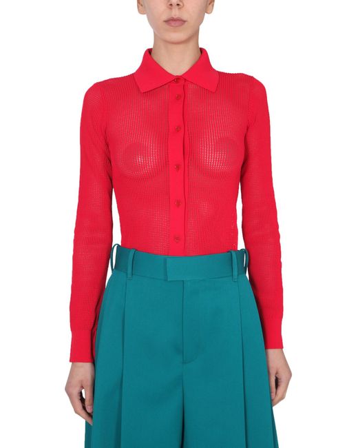Bottega Veneta Slim Fit Mesh Cardigan in Red | Lyst UK