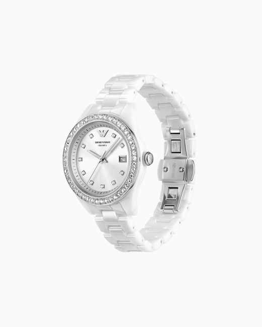 Emporio Armani Three-Hand Date Ceramic Watch in White | Lyst