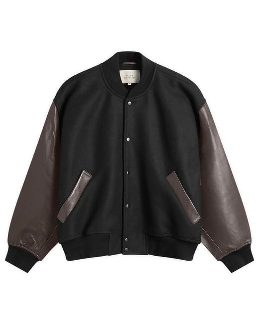 Studio Nicholson Alph Leather Wool Varsity Bomber Jacket in Black for ...