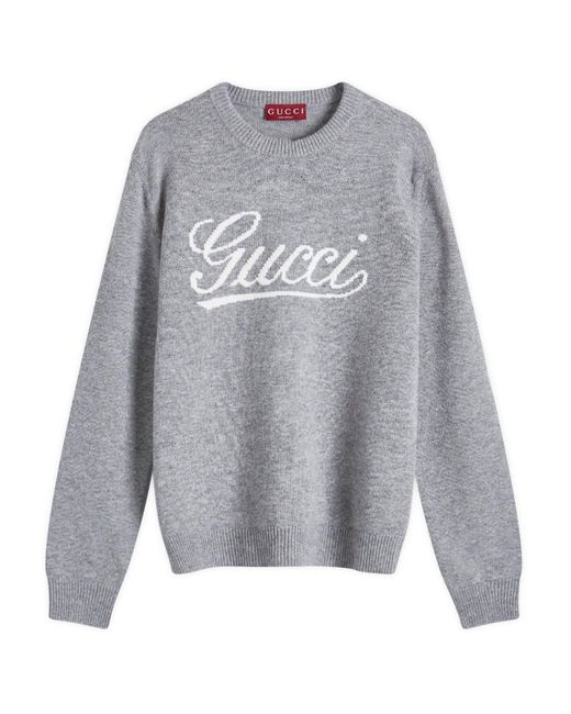 Gucci Script Logo Crew Neck Jumper in Gray for Men | Lyst