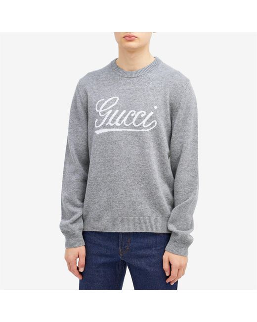 Gucci Script Logo Crew Neck Jumper in Gray for Men | Lyst