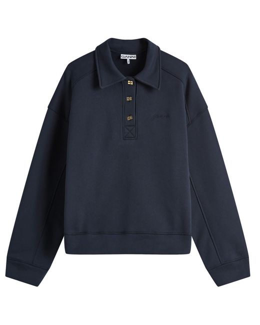 Ganni Heavy Fleece Drop Shoulder Polo in Blue | Lyst