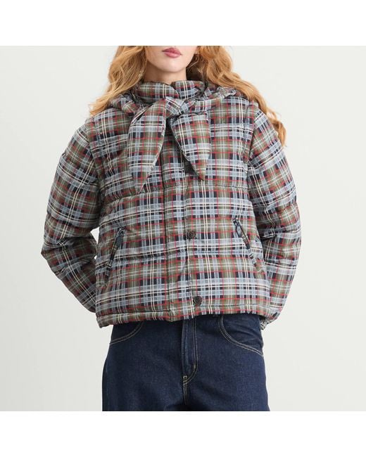 Damson Madder Pearl Tartan Check Puffer Jacket in Grey | Lyst UK