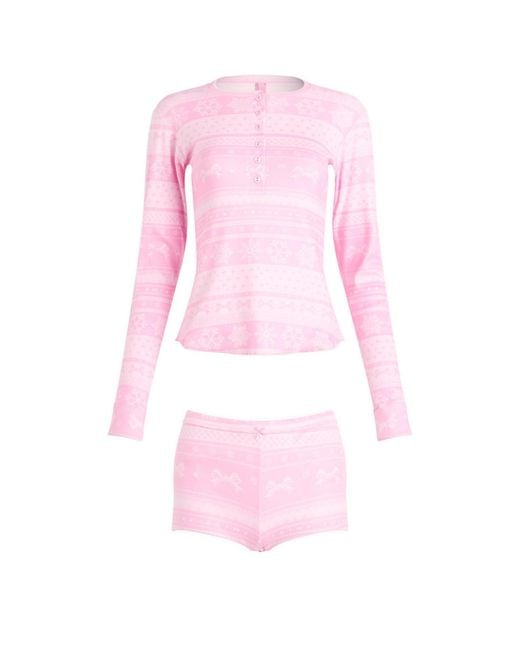 Skims Plush Pointelle Henley & Short Set in Pink | Lyst UK