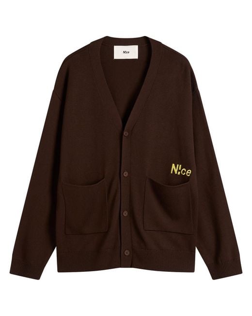 N!CE Embroidered Logo Knit Cardigan in Brown for Men | Lyst UK