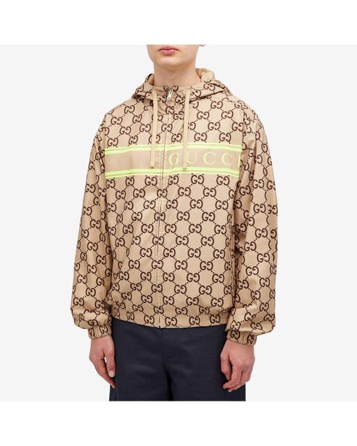 Gucci Gg Monogram Logo Hooded Jacket in Brown for Men | Lyst