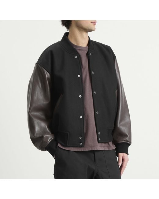 Studio Nicholson Alph Leather Wool Varsity Bomber Jacket in Black for ...