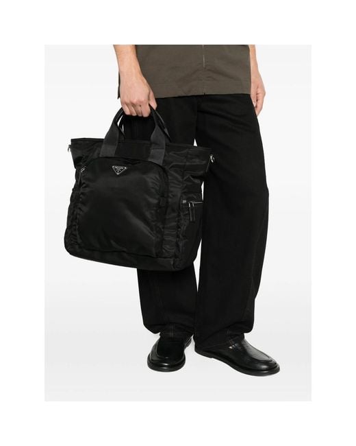 Prada Re-Nylon Logo-Plaque Tote Bag in Black for Men | Lyst UK