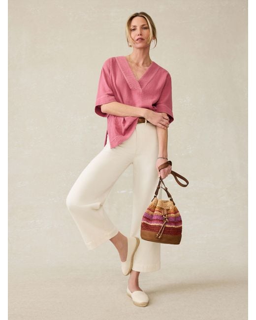 Faherty Striped Raffia Drawstring Bucket Bag in Red | Lyst