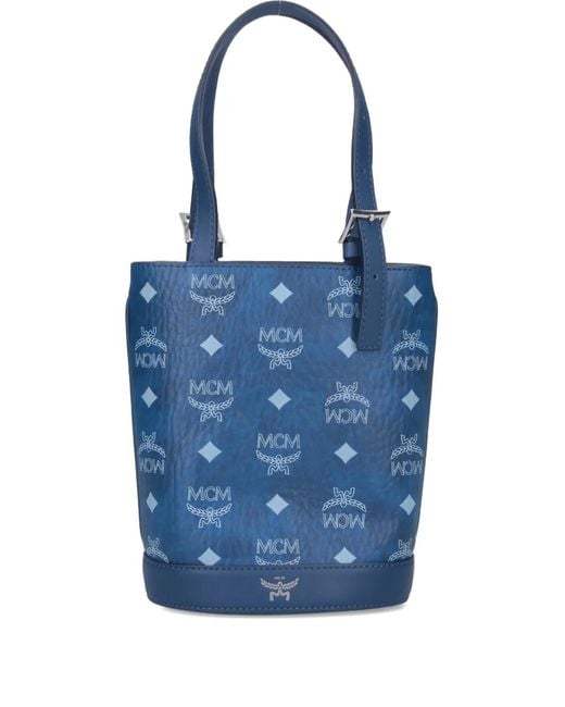 MCM Mini Logo-Print Tote Bag in Blue | Lyst