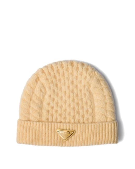 Prada Cable-Knit Logo Beanie in Natural | Lyst