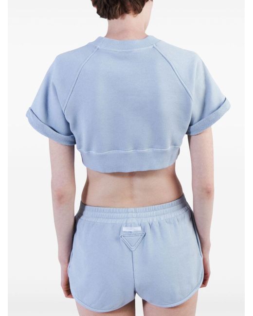 Prada Triangle Logo Cotton Cropped Top In Blue Lyst