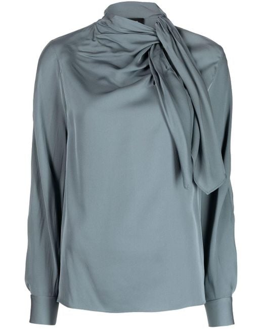 Theory Ruched Long-sleeve Silk Blouse in Blue | Lyst