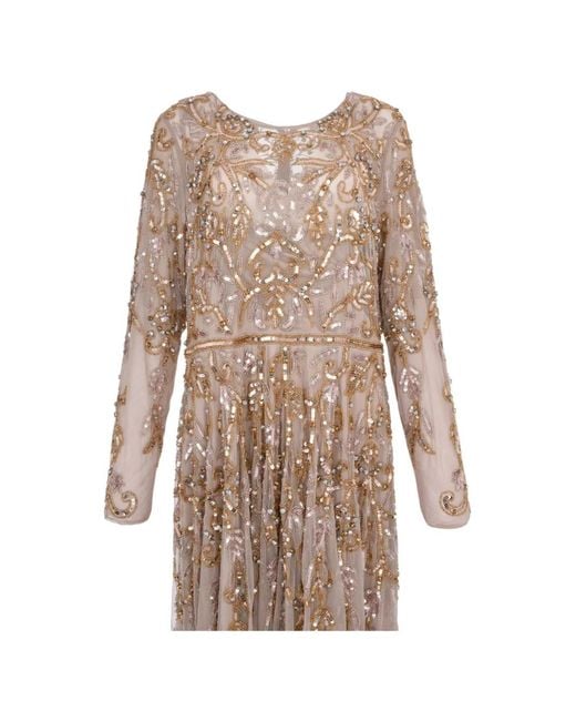 Mac Duggal Long-Sleeve Embellished Dress in Natural | Lyst UK