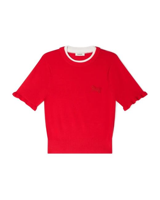 Sandro Contrast-Collar Wool Top in Red | Lyst