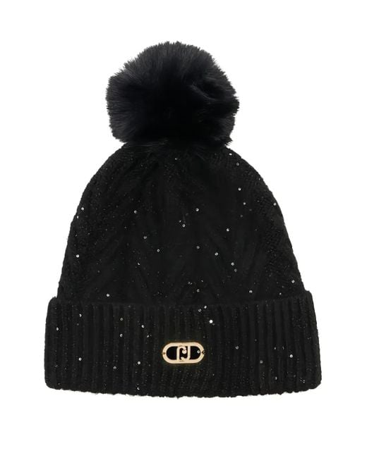 Liu Jo Pompom Sequin Beanie Hat in Black | Lyst UK