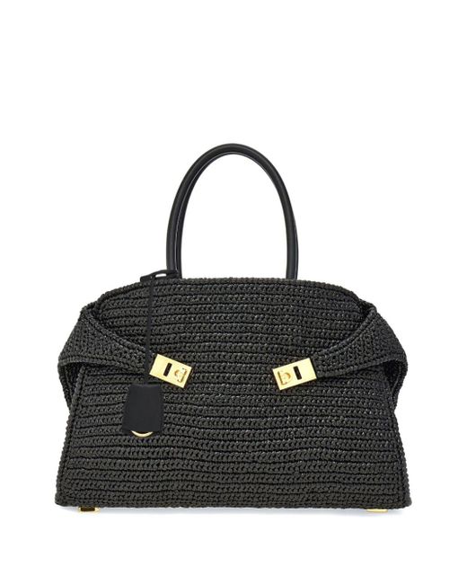 Ferragamo Medium The Hug Raffia Tote Bag in Black | Lyst