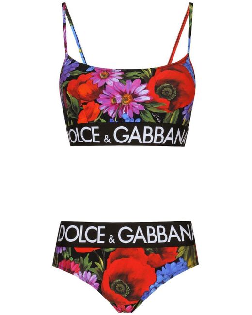 Dolce And Gabbana Floral Print Logo Trim Bikini In Black Lyst Uk