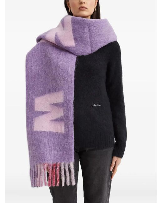 Marni Logo Fringed Scarf in Purple | Lyst UK