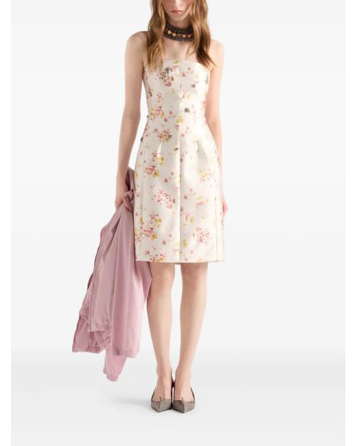 Prada Floral-Print Embellished Mini Dress in Natural | Lyst
