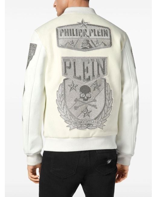 Philipp Plein Crystal College Bomber Jacket in White for Men | Lyst