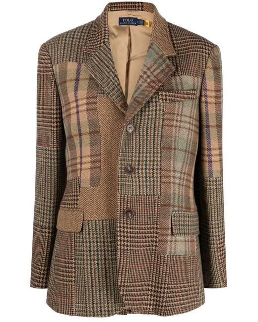 Polo Ralph Lauren Patchwork Check Tweed Blazer In Brown Lyst Canada