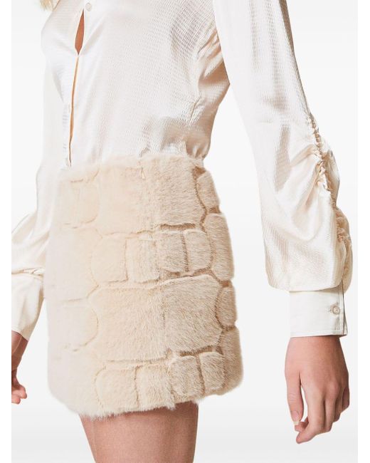 Twin Set Shearling Mini Skirt in Natural | Lyst