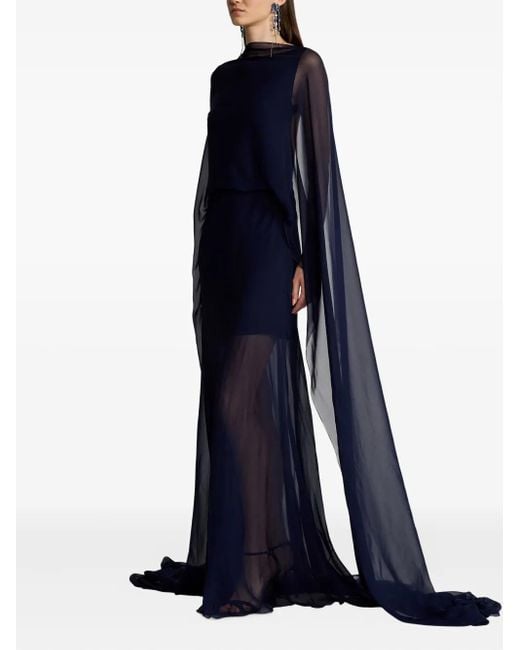 Ralph Lauren Sheer Cape Evening Gown in Blue | Lyst
