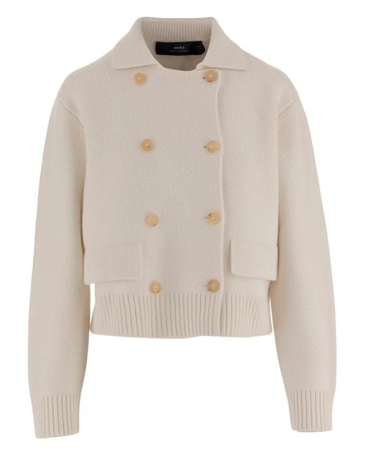 arch4 Double-breasted Ribbed Knit Jacket in Natural | Lyst