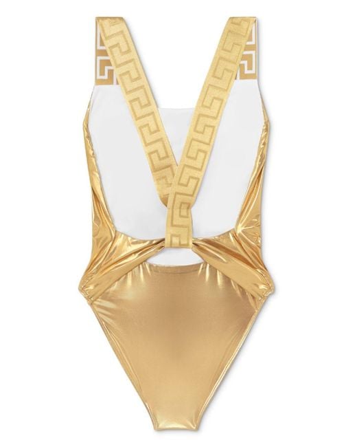 Versace Greca Border Metallic Swimsuit in Natural | Lyst