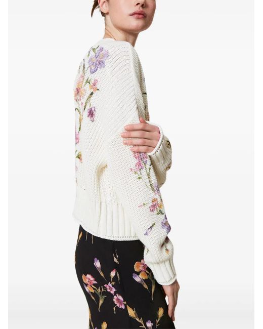 Twin Set Floral-Print Cardigan in White | Lyst