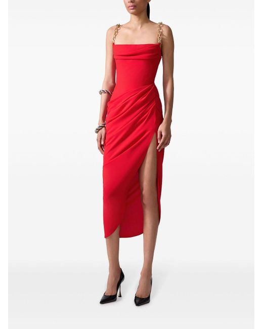 Carolina Herrera Chain-Strap Draped Midi Dress in Red | Lyst