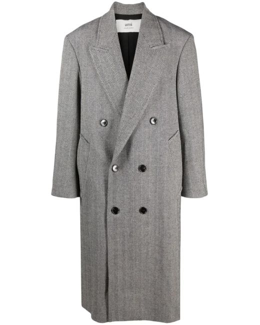 Ami Paris Herringbone-pattern Double-breasted Coat in Grey for Men ...