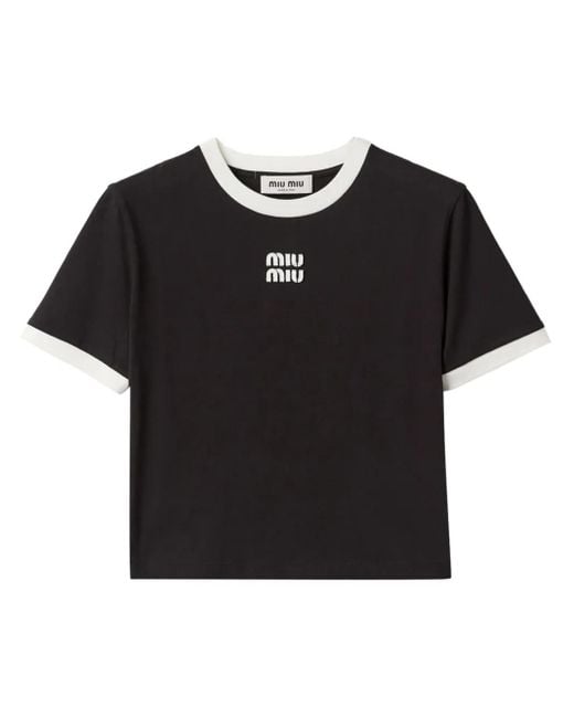 Miu Miu Logo-Embroidered T-Shirt in Black | Lyst Miu Miu Logo-Embroidered T-Shirt in Black | Lyst