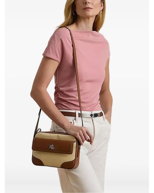 Ralph Lauren Leather-Trimmed Logo-Plaque Tote Bag in Natural | Lyst