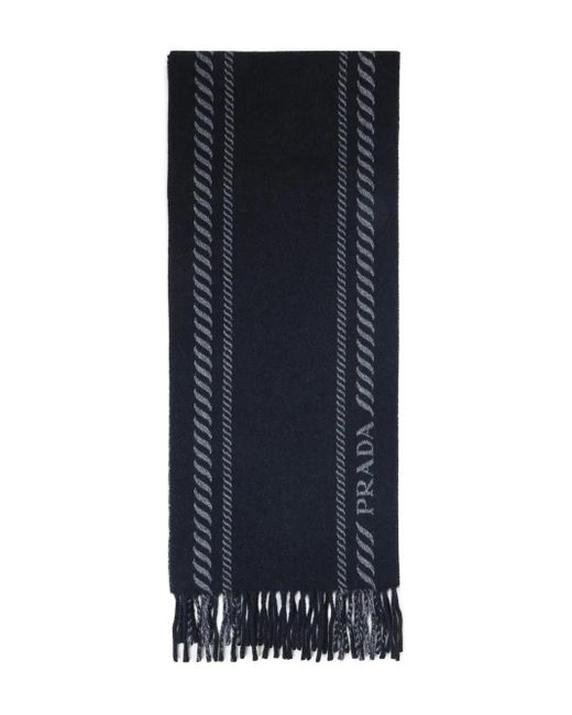 Prada Fringed Wool Scarf in Black for Men | Lyst