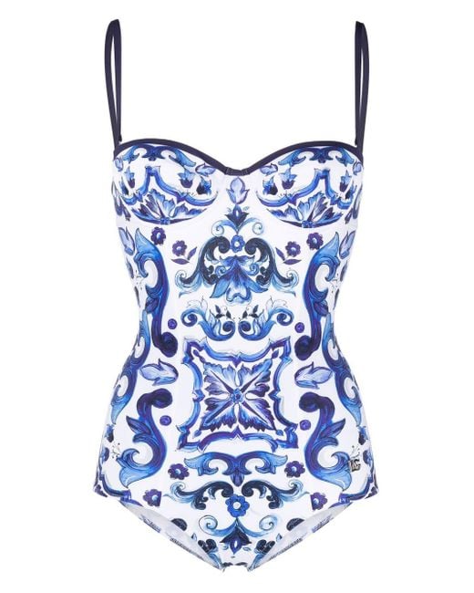 Dolce And Gabbana Majolica Print Balconette Swimsuit In Blue Lyst