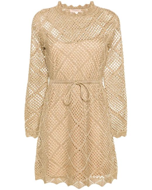 Twinset Open-Knit Lurex Mini Dress in Natural | Lyst UK