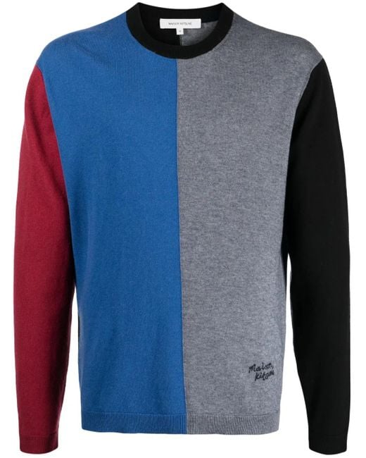 Maison Kitsuné Colour-Block Knitted Jumper in Blue for Men | Lyst UK