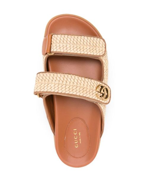 Gucci Double G-Plaque Raffia Sandals in Natural | Lyst