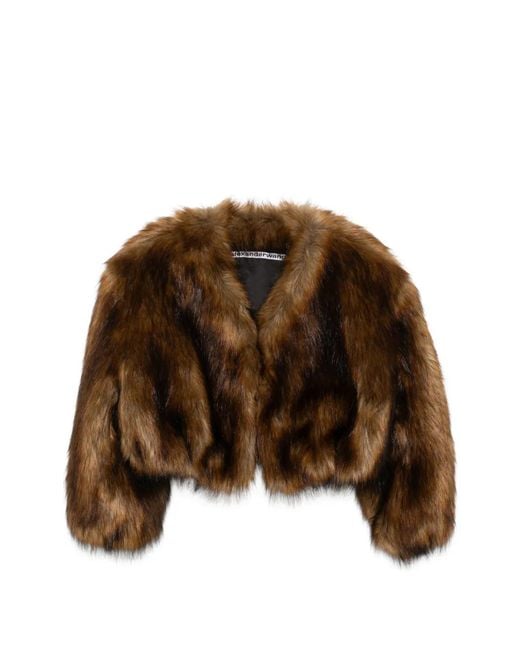 Alexander Wang Cropped Faux Fur Jacket in Brown | Lyst UK