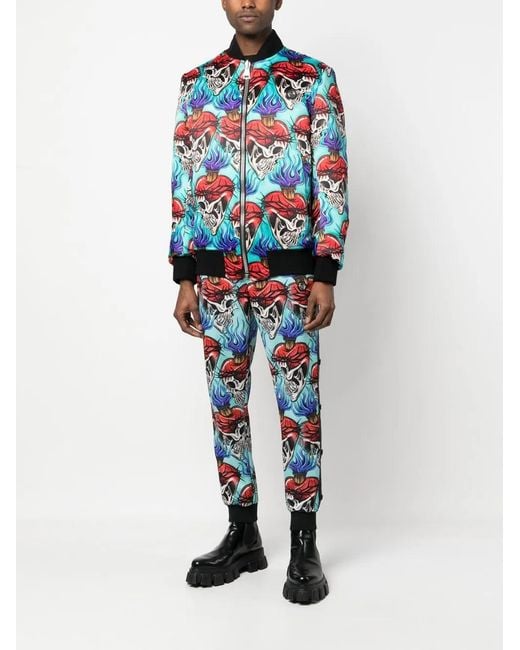 Philipp Plein Tattoo-Motif Embroidered Bomber Jacket in Blue for Men | Lyst